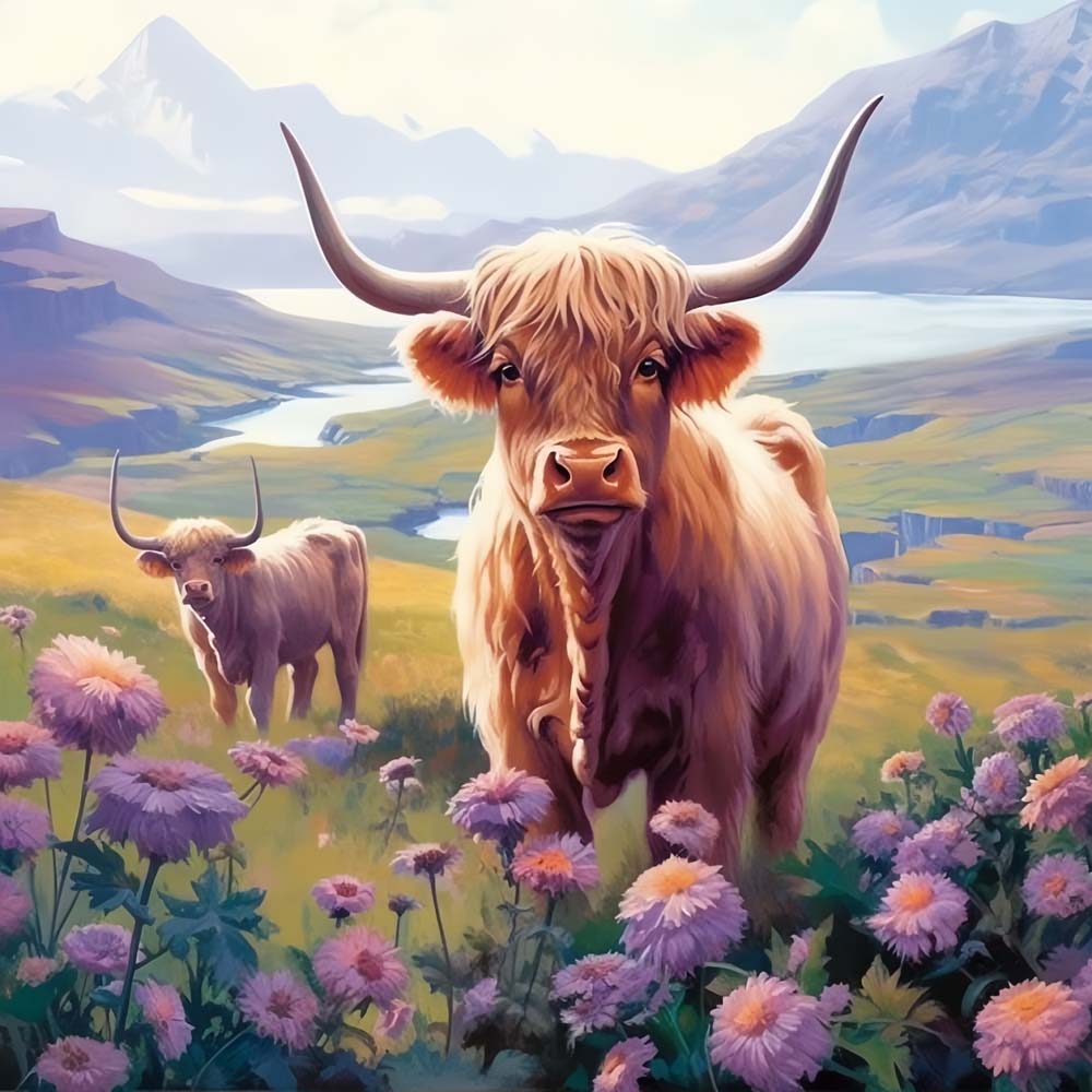 Highland Cows and Purple Flowers Paint by Numbers Adults – Houseart.uk