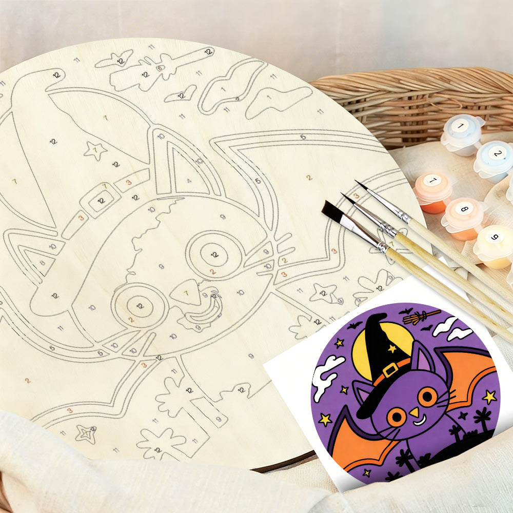 Halloween Purple Bat Cat - Paint by Numbers on Wood Slice – Houseart.uk