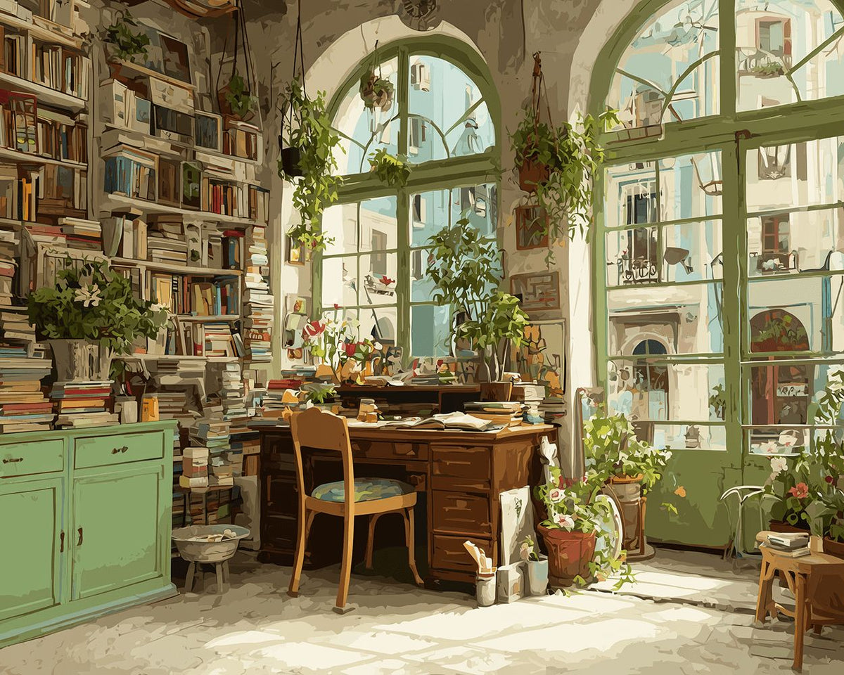 Paint by Numbers - Wilted Potted Plants in Green Study Room – Houseart.uk